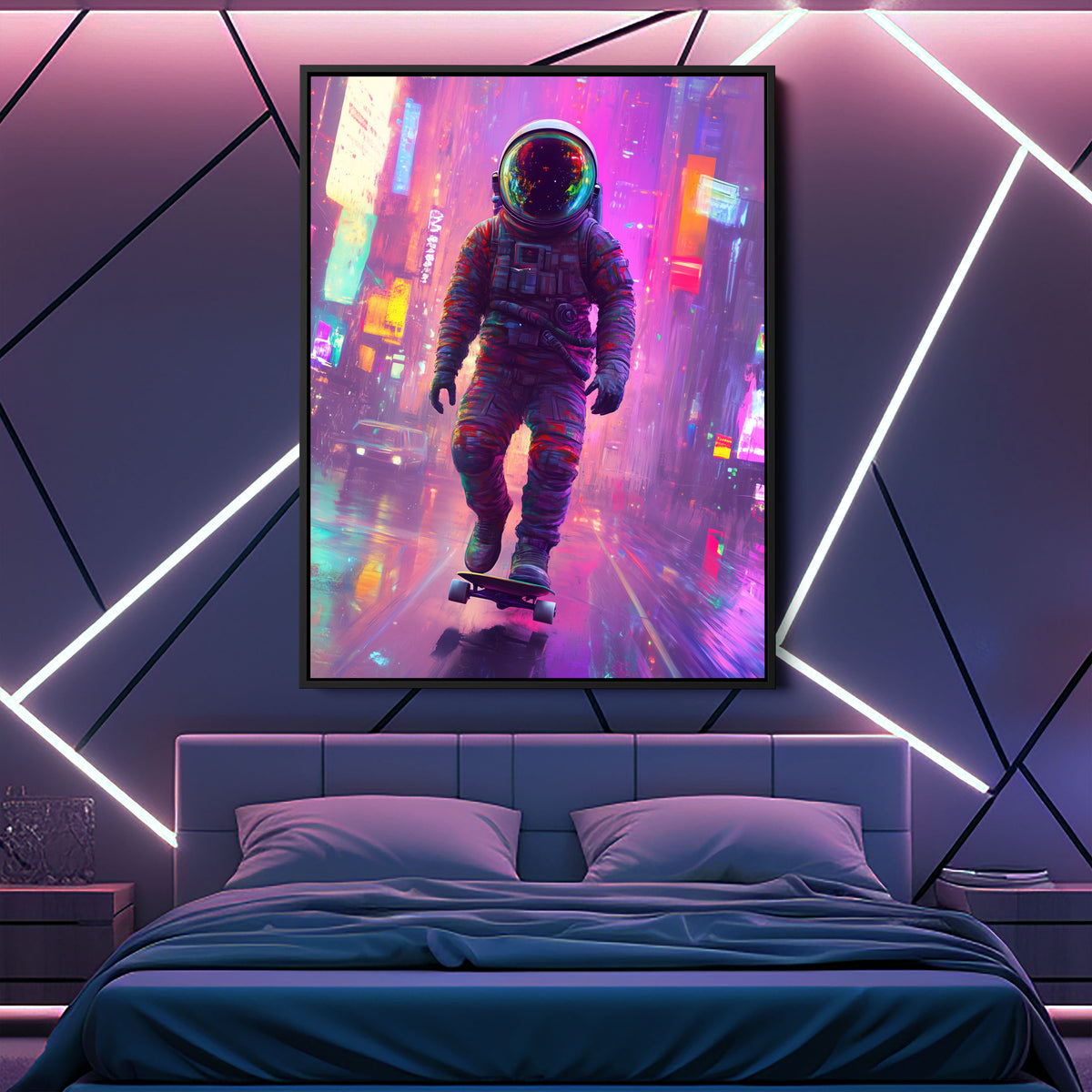 Galactic Glide - Astronaut Skateboard Art in a Neon Cityscape – Cozy ...