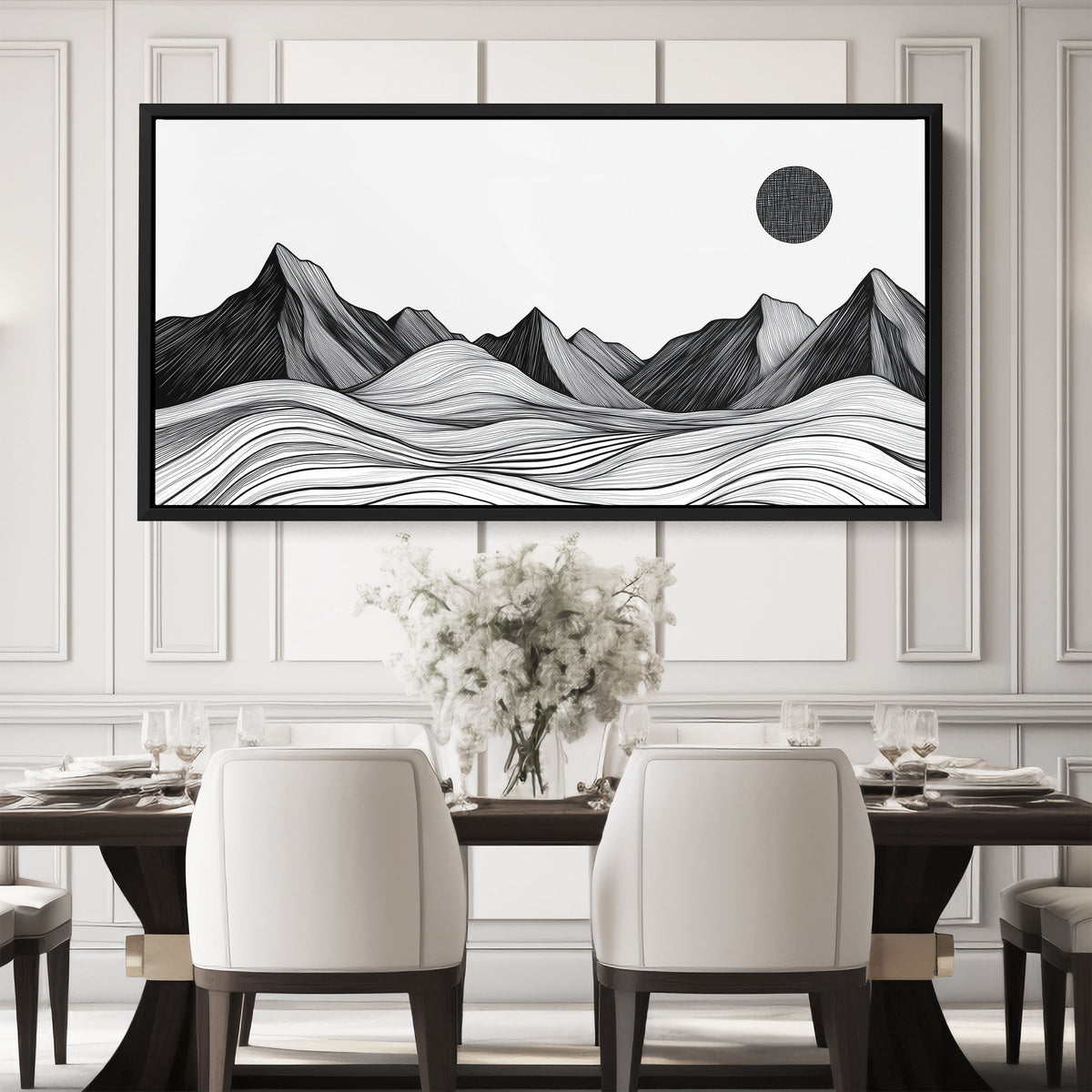 Lunar Veil – Black & White Line Art Mountain Print – Cozy Art Nest